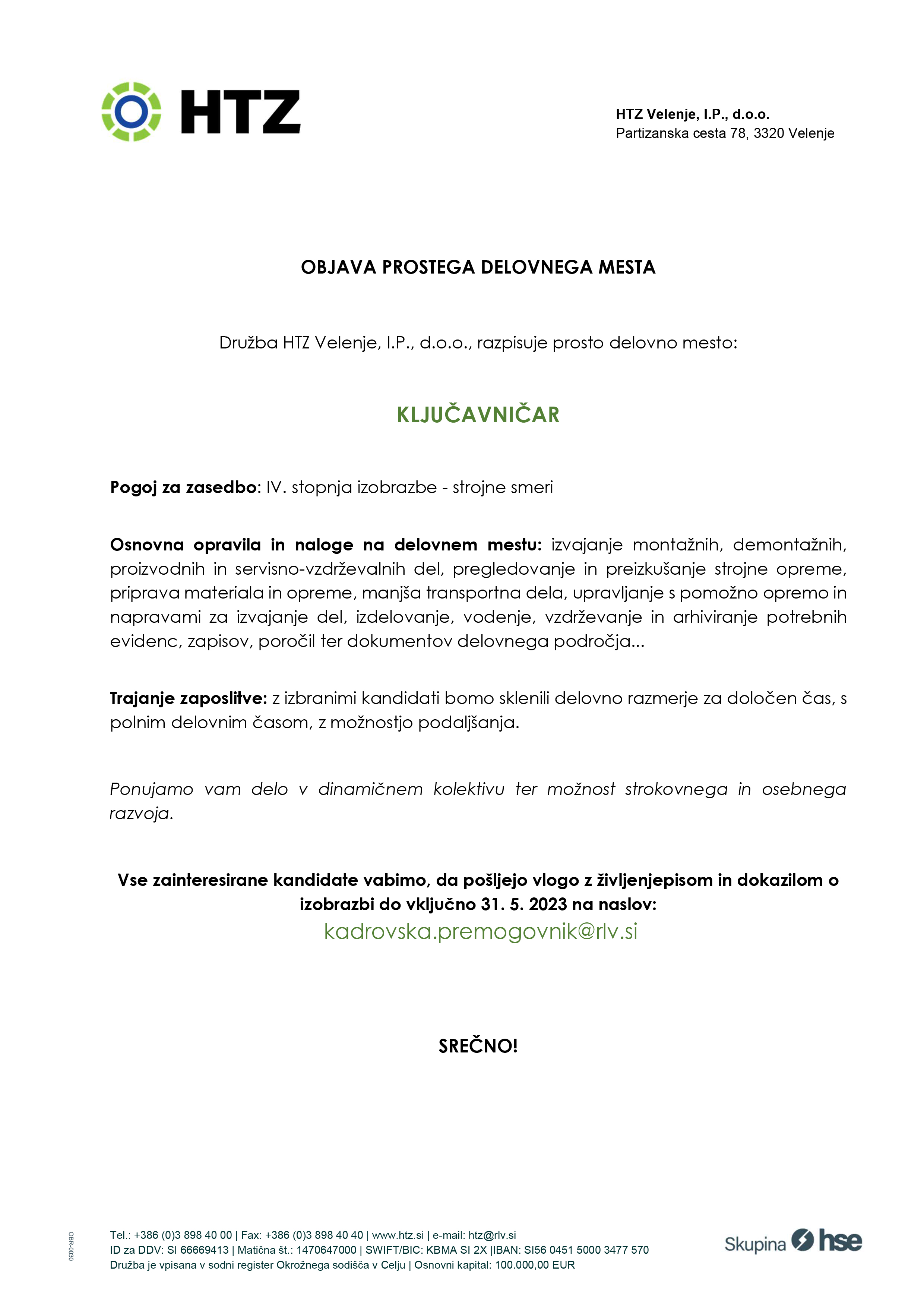 Objava prostega delovnega mesta - KLJUČAVNIČAR